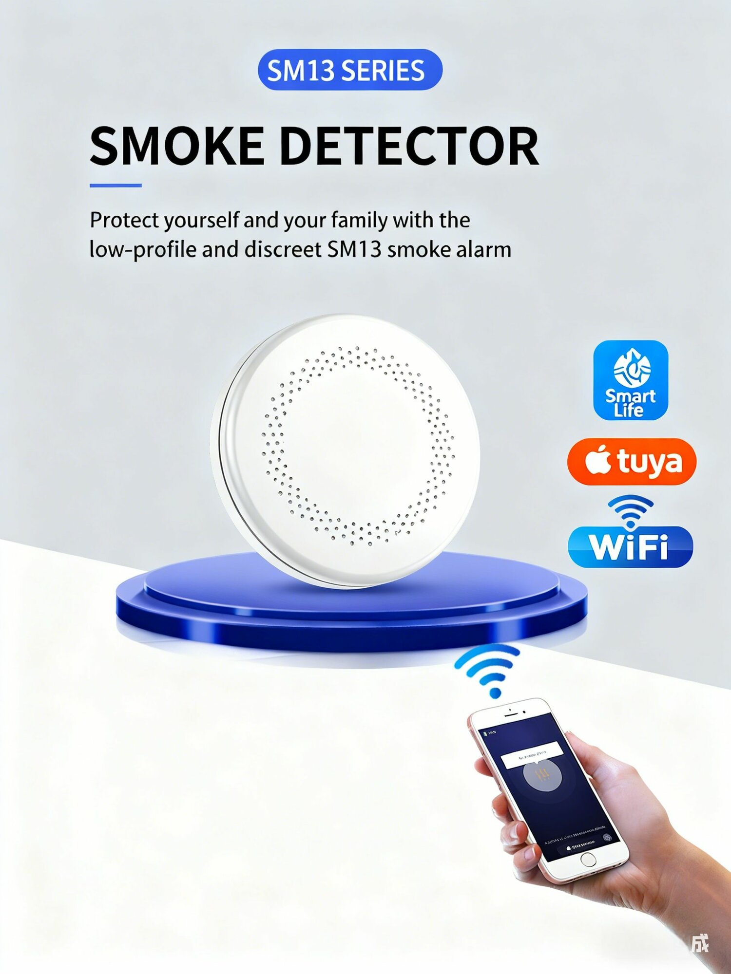 Умный Wi-Fi датчик дыма SM13 Tuya Smart Life, фотoэлектрический сенсор, громкая сирена 85 дБ, ультратонкий дизайн, пожарная сигнализация для дома