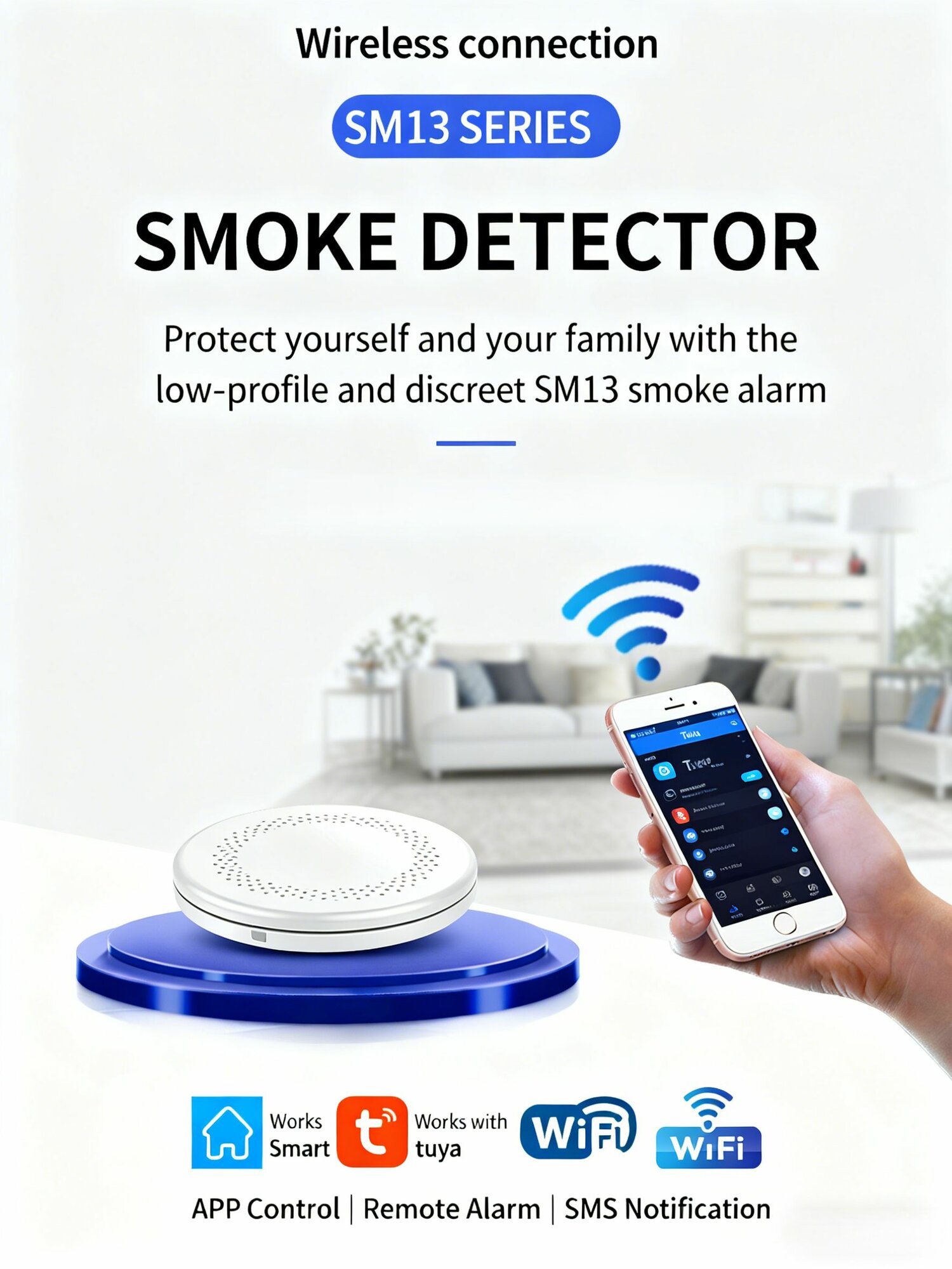 Умный Wi-Fi датчик дыма SM13 Tuya Smart Life, фотoэлектрический сенсор, громкая сирена 85 дБ, ультратонкий дизайн, пожарная сигнализация для дома