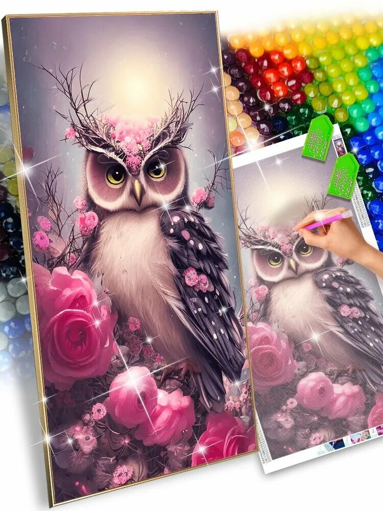 Алмазная мозаика 40x70cm, алмазная живопись с акриловыми стразами, полная выкладка - сова