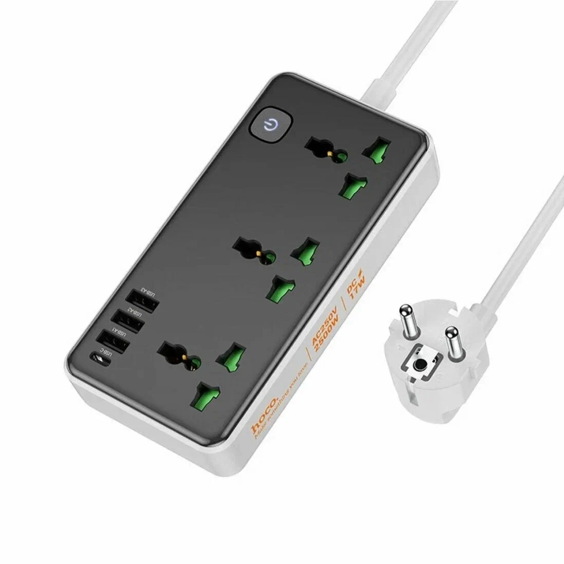 Сетевой фильтр Hoco AC7A DC17W+AC2500W, USB-C+3*USB-A+3*Socket, кабель 5 м, черный