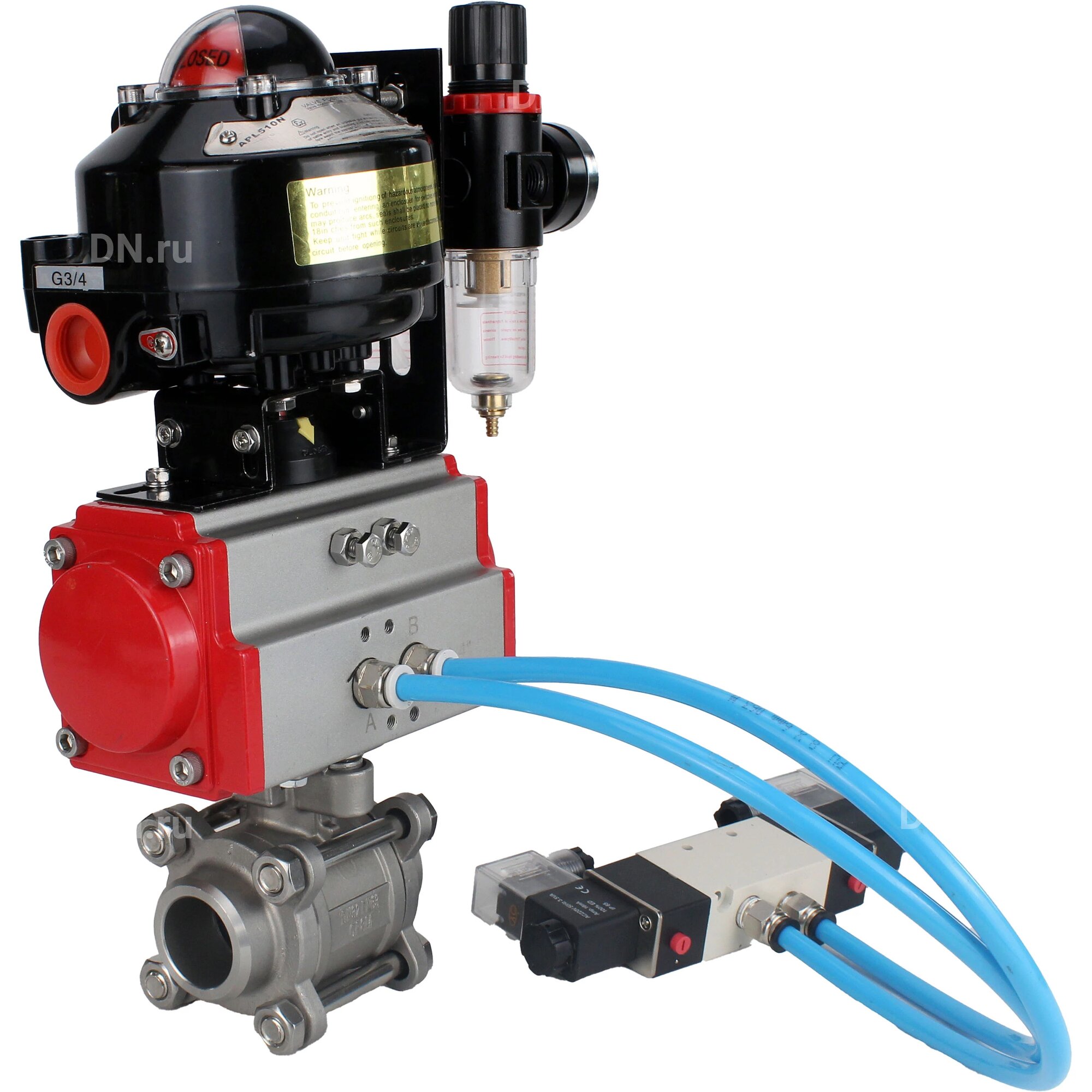 Кран шаровой DN.ru кшпп 316.200 Ду15 Ру63 под приварку, полнопроходной, нержавеющая сталь SS316, уплотнение PTFE, с пневмоприводом DA-052 пневмораспределителем PND1-S2EM-52-2-T10-220VAC БПВ APU1-10-40-V08 БКВ LSB-510-02ExM12-250