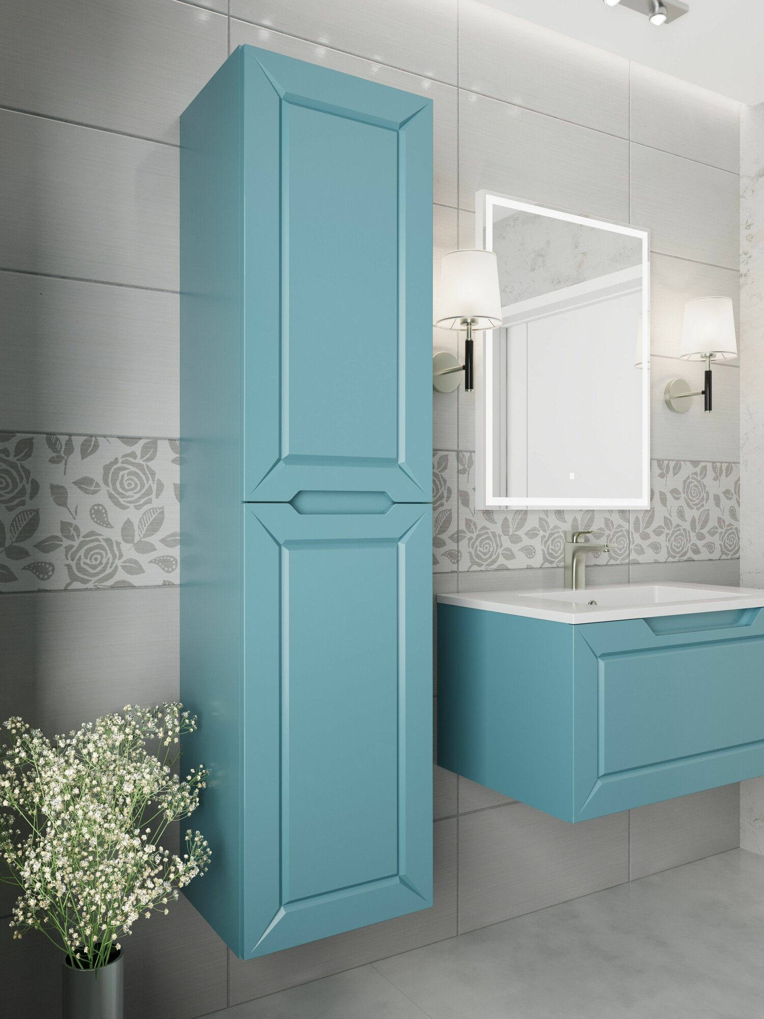 Шкаф пенал для ванной с полками подвесной Alba аквамарин аквакрафт, универсальное открывание