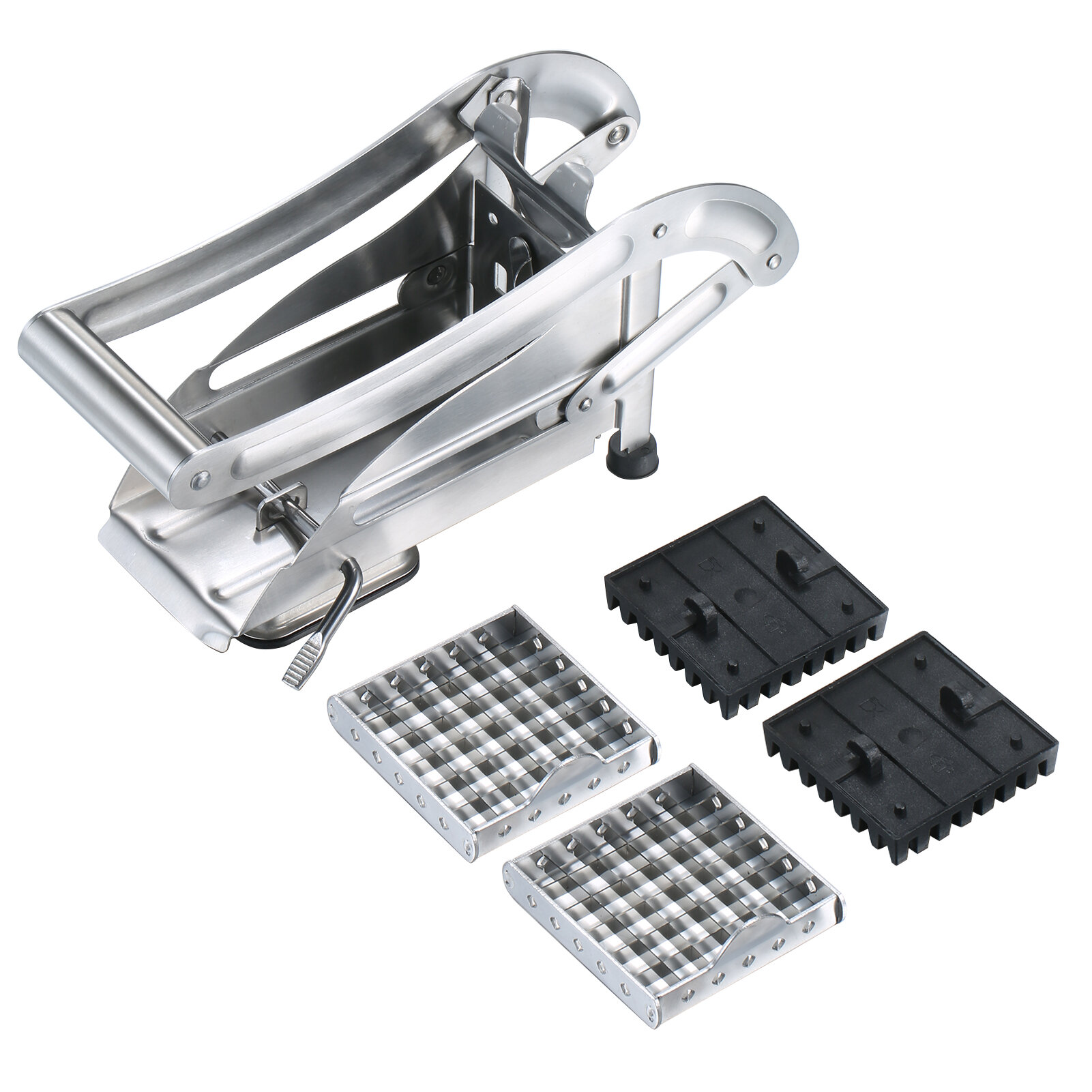 Картотерез для картофеля из нержавеющей стали 430 с двумя ножами 36-ячейковым и 64-ячейковым для резов толщиной 1/2" или 3/8", с антискользящим присоскательным основанием, размер 260*125*90мм, вес 870г, для картофеля моркови огурцов перцев