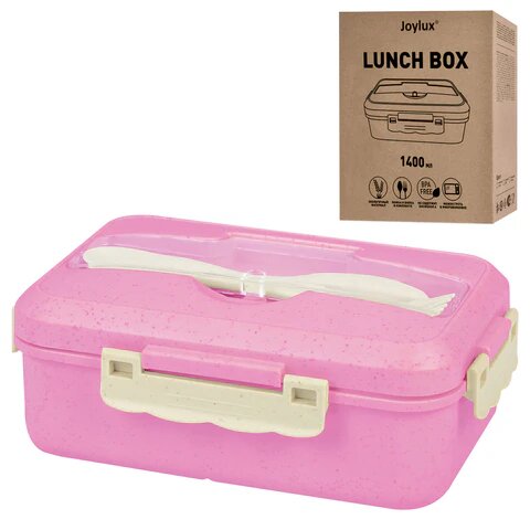 Ланч-бокс контейнер 3 отделения 1.4л ложка, вилка, 8х21х14см, розовый, JOYLUX ECO, 609345