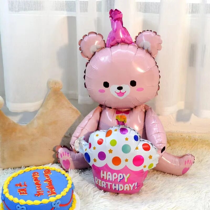 Розовый шарик-медвежонок с тортом Happy Birthday