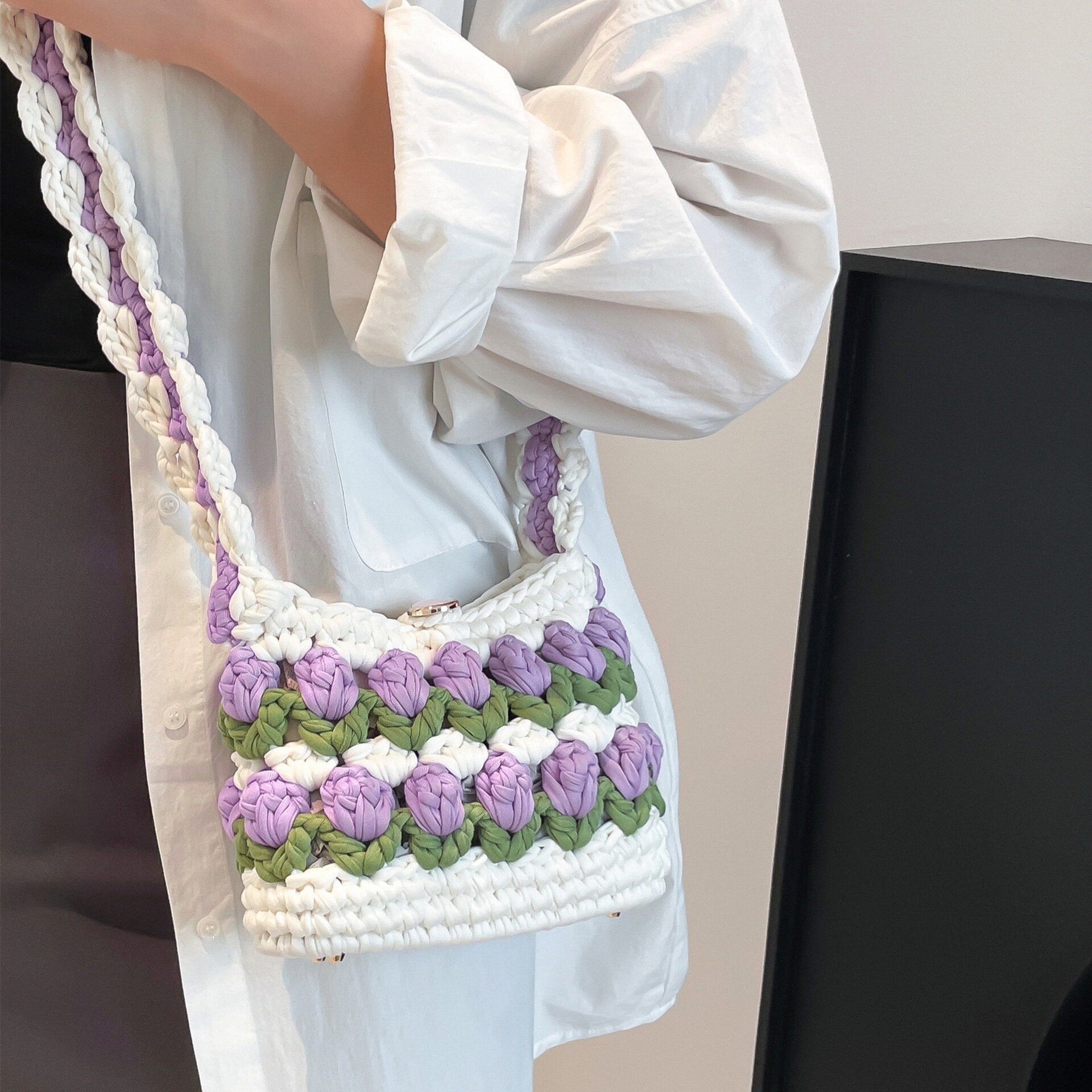 Новая ручная вязаная сумка "Тюльпан", готовый набор материалов для самостоятельного изготовления, подарок для девушки, сумка через плечо