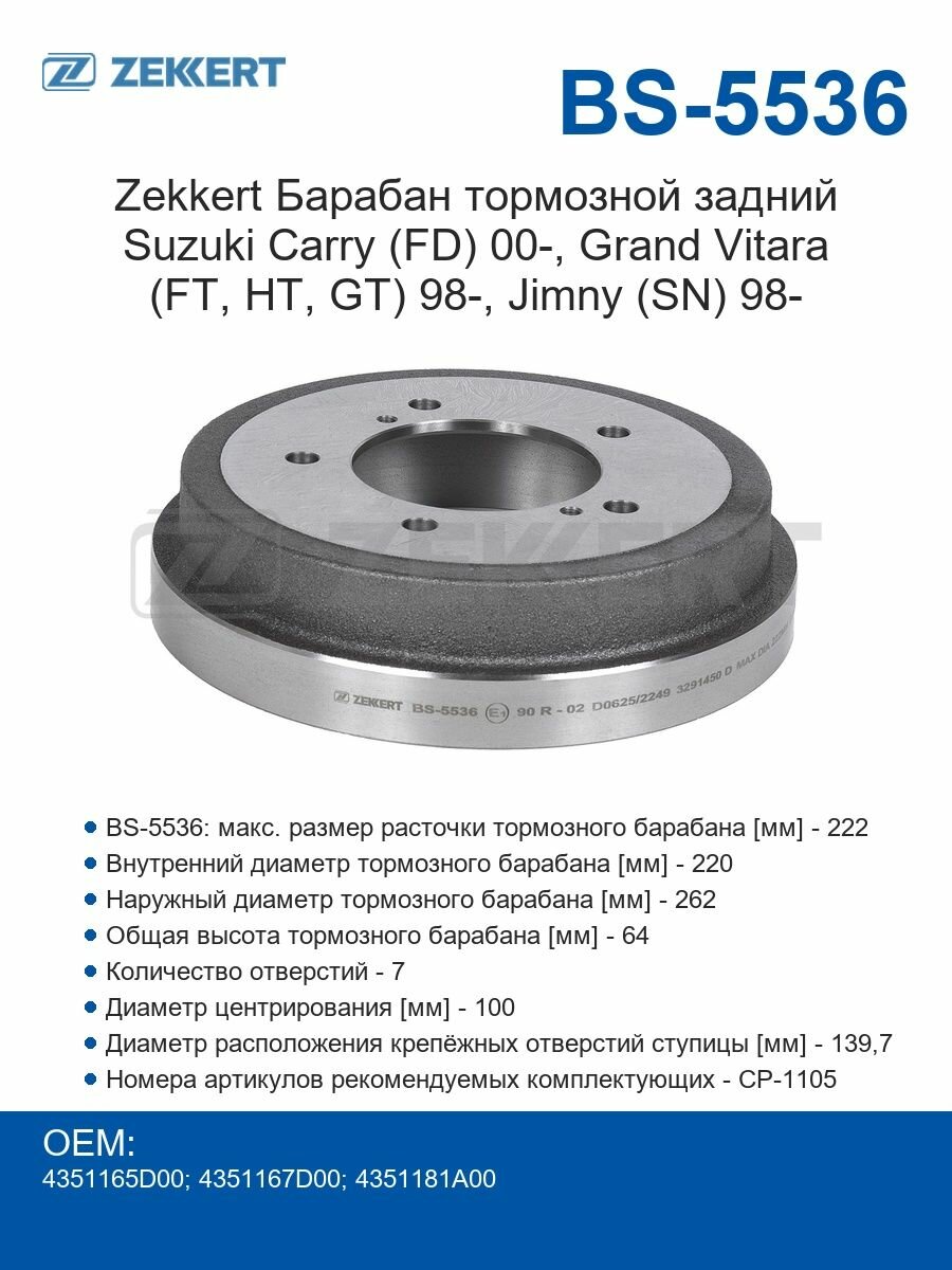 Zekkert Барабан тормозной задний Suzuki Carry (FD) 00-, Grand Vitara (FT, HT, GT) 98-, Jimny (SN) 98-