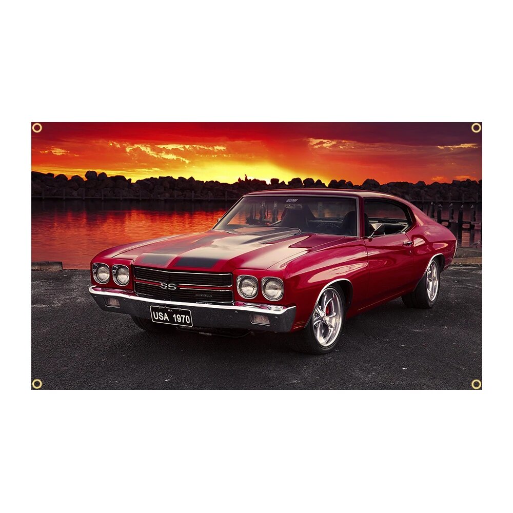 Ретро американский мышечный гоночный автомобиль флаг из полиэстера Бордовый, 120 x 180cm, 4 holes in 4 corners