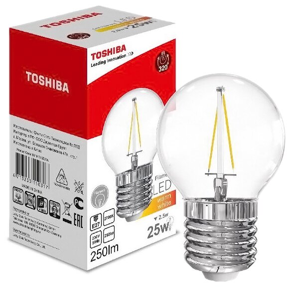 Лампа шарик светодиодная TOSHIBA 00101315031A теплый свет, цоколь E27, 2,5W, 2700K. 101315031A цена за 10ШТ