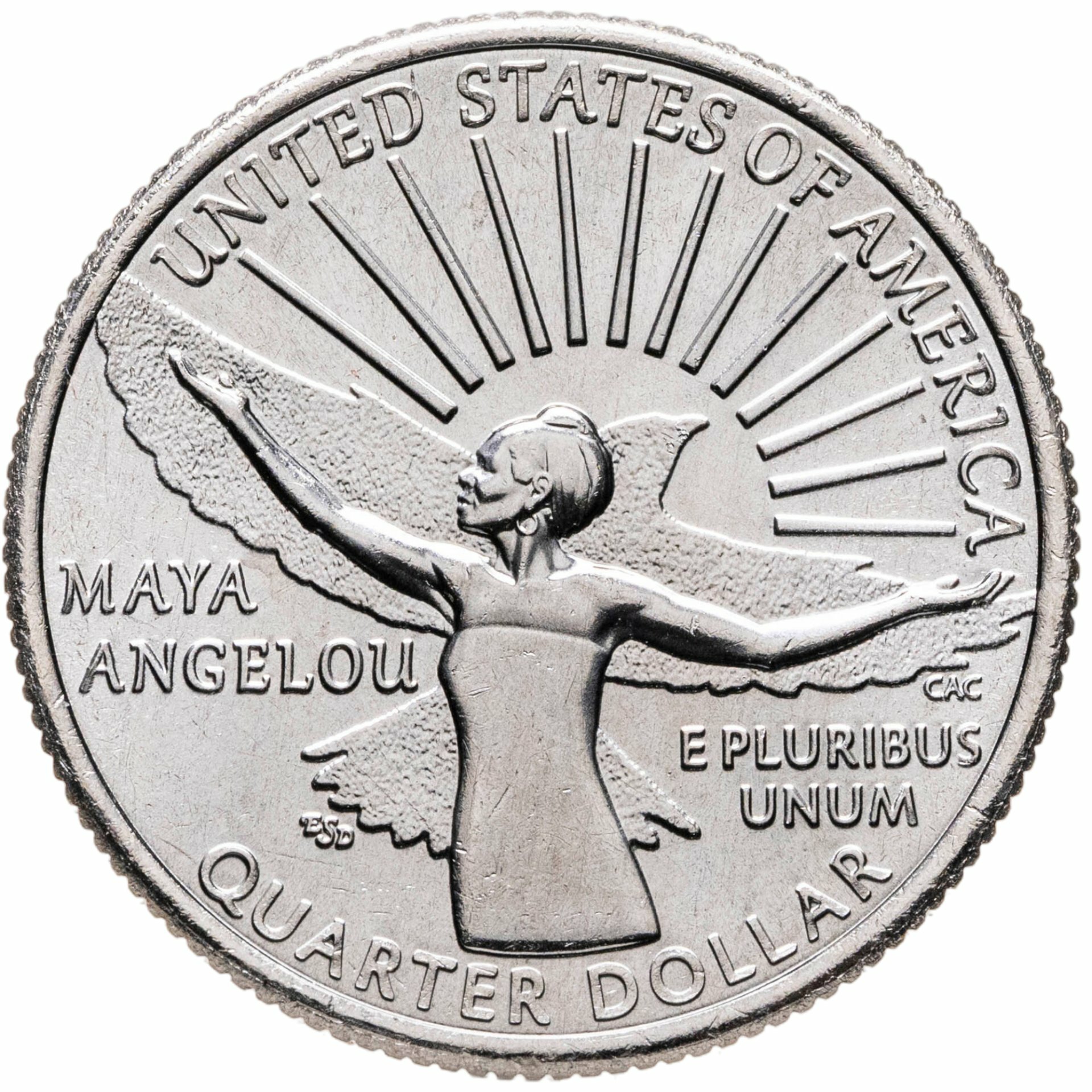 США 1/4 доллара 25 центов, квотер 2022 D Американские женщины - Писательница Майя Энджелоу 1-я, Медь, покрытая медно-никелевым сплавом, в сохранности UNC