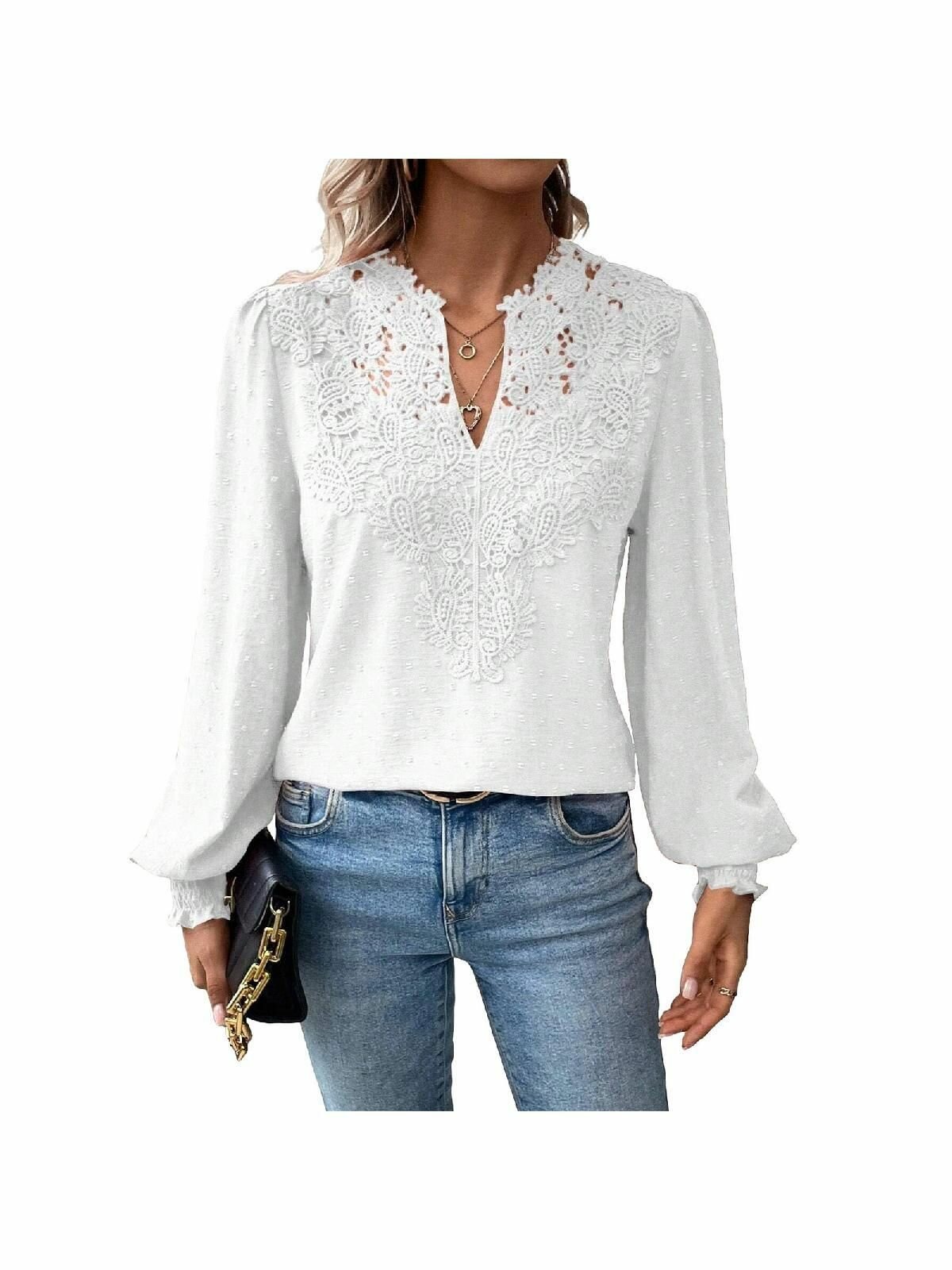 Женская блузка с V-образным вырезом и длинными рукавами, Белый - XXL