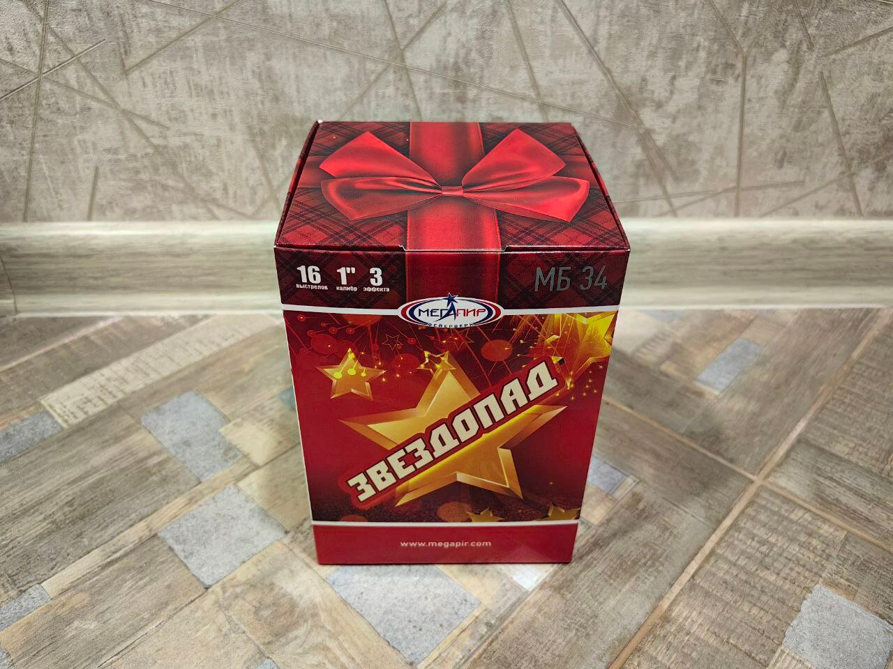 Фейерверк салют "Звездопад" 16 залпов калибром 1"(25мм) / МБ34 Мегапир / красный фейерверк