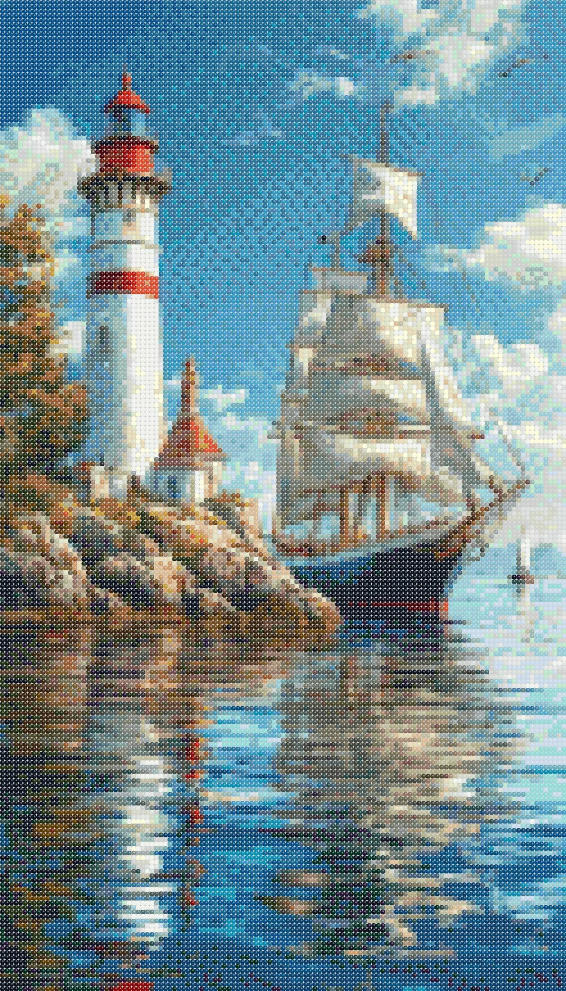 Схема вышивки бисером Маяк и корабль (на бумаге, без бисера и ткани) 128х219 стежков (25х44 см) 71 цвет