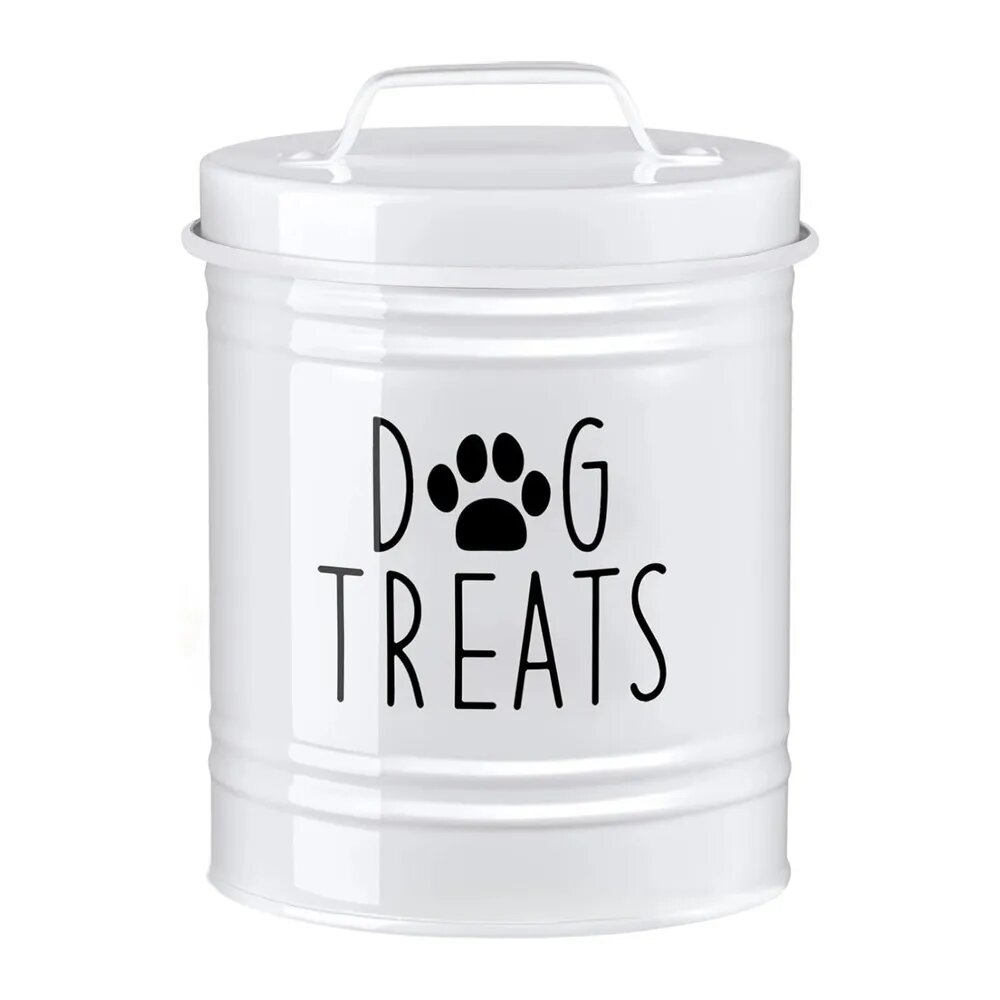 Металлический контейнер для хранения корма для собак и кошек, герметичный, с плотной крышкой, для лакомств и сухого корма, белый, компактный размер.