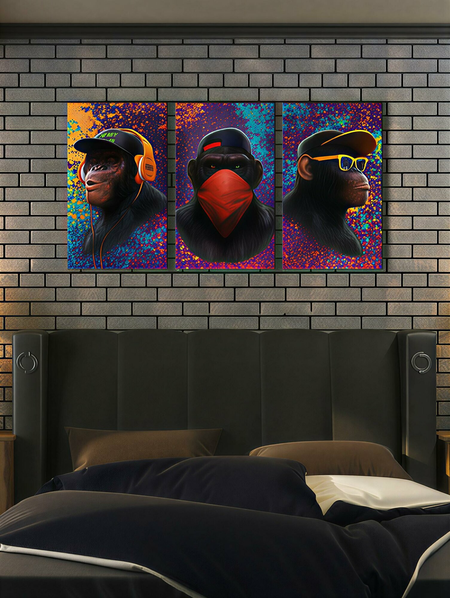 Модульная картина 3 обезьяны SWAG, в наушниках, маске и очках, цветной фон, 50х90 см