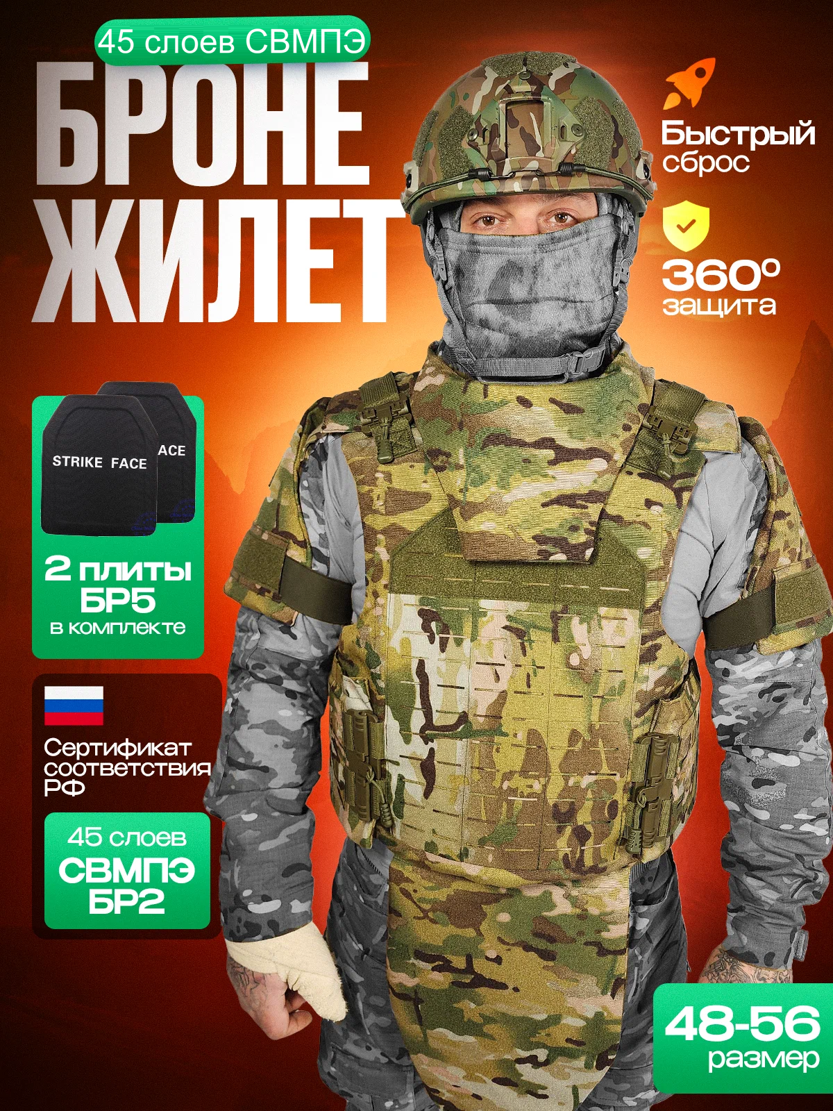 Бронежилет с бронеплитами и капами в комплекте: защита плечей, шеи и напашник