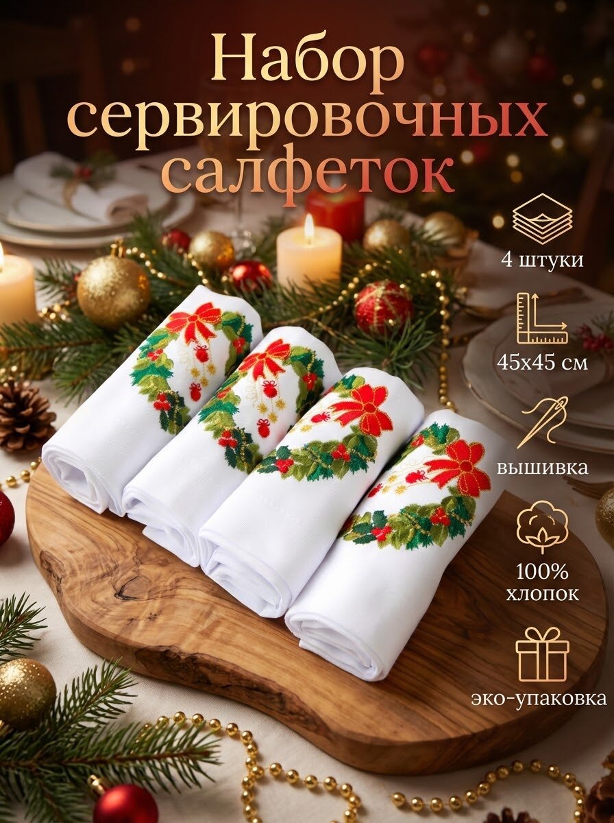 Салфетки на стол сервировочные с вышивкой "Новогодний праздник" размером 45x45 см, 4 шт. Felante