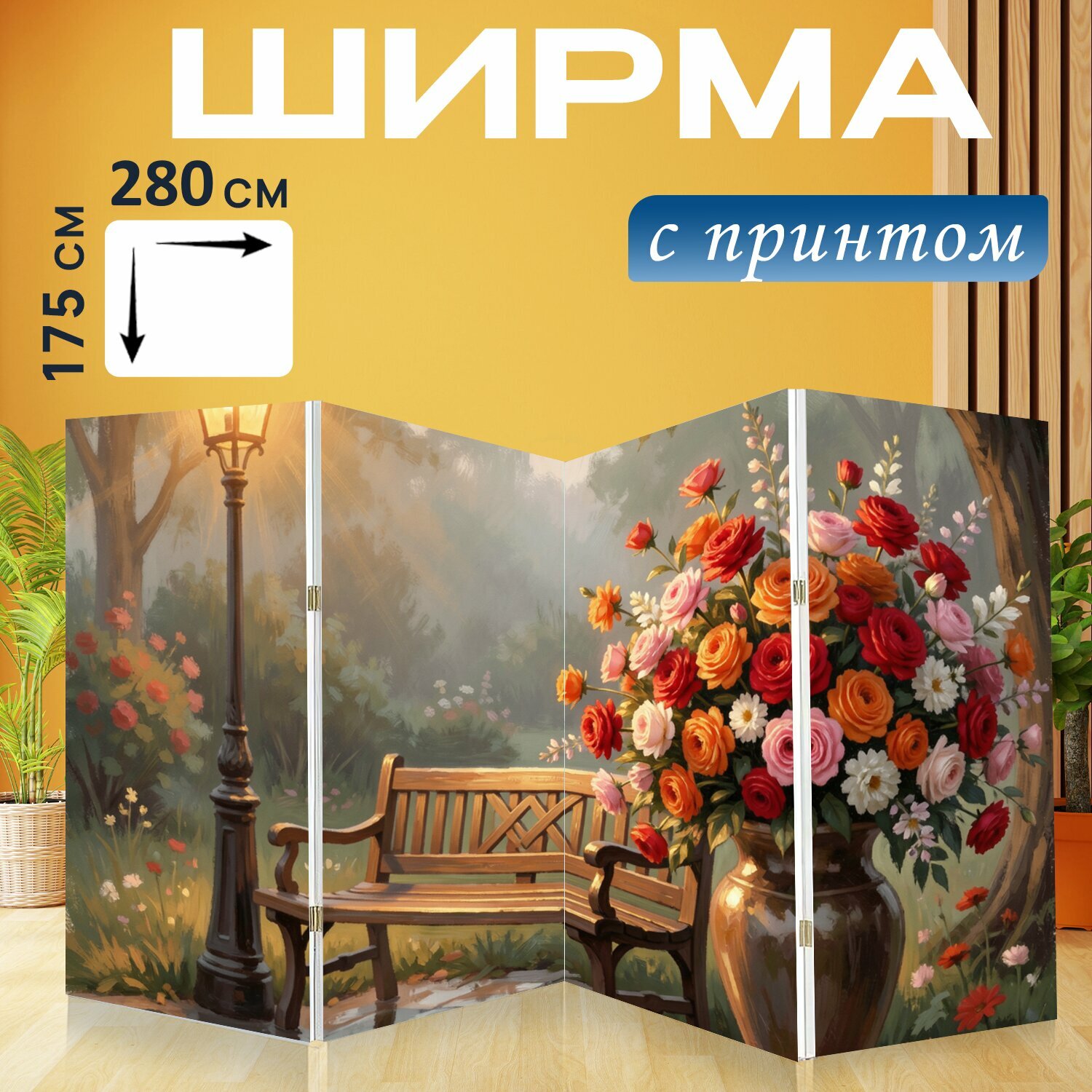 Ширма "Садовая аллея с цветами и фонарем. Уютный парковый уголок в живописной манере: деревянная скамья." перегородка для зонирования комнаты с принтом 280x175 см. на холсте
