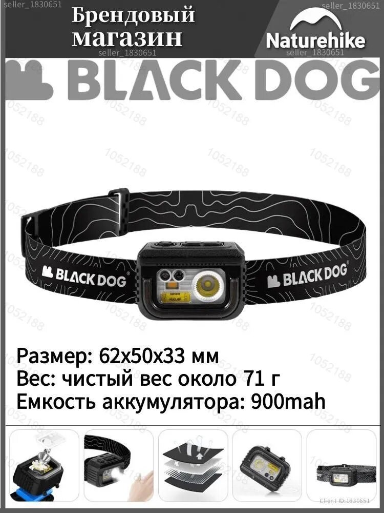 Naturehike BLACKDOG Фонарь налобный светодиодный аккумуляторный, IPX5, черный, 62x50x33 мм, 900mah