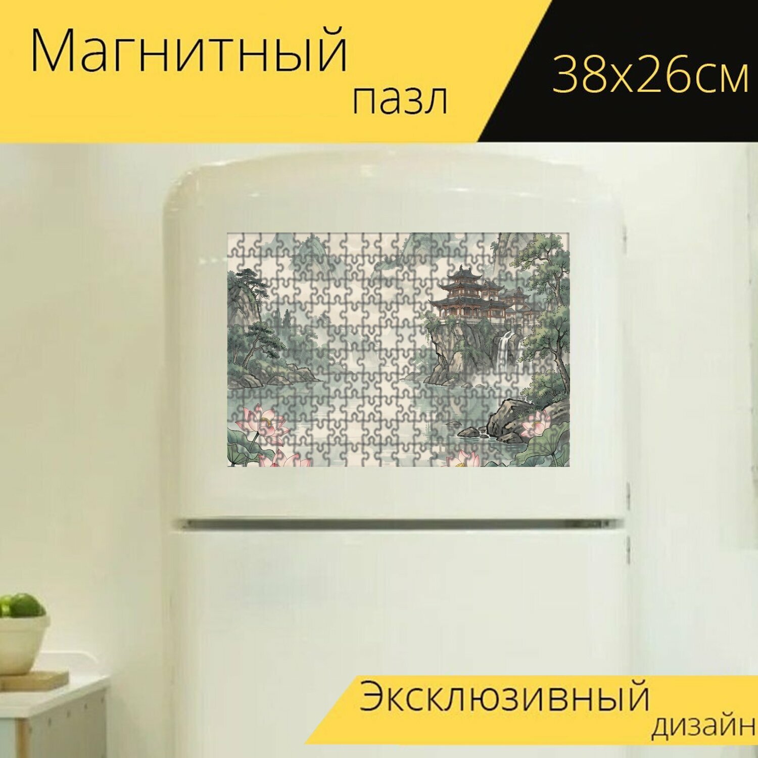 Магнитный пазл "Китайский пейзаж с пагодой. Туманные горы, спокойная водная гладь и многоярусные восточные строения на скале, окружённые водопадами и." для интерьера, 38х26 см.