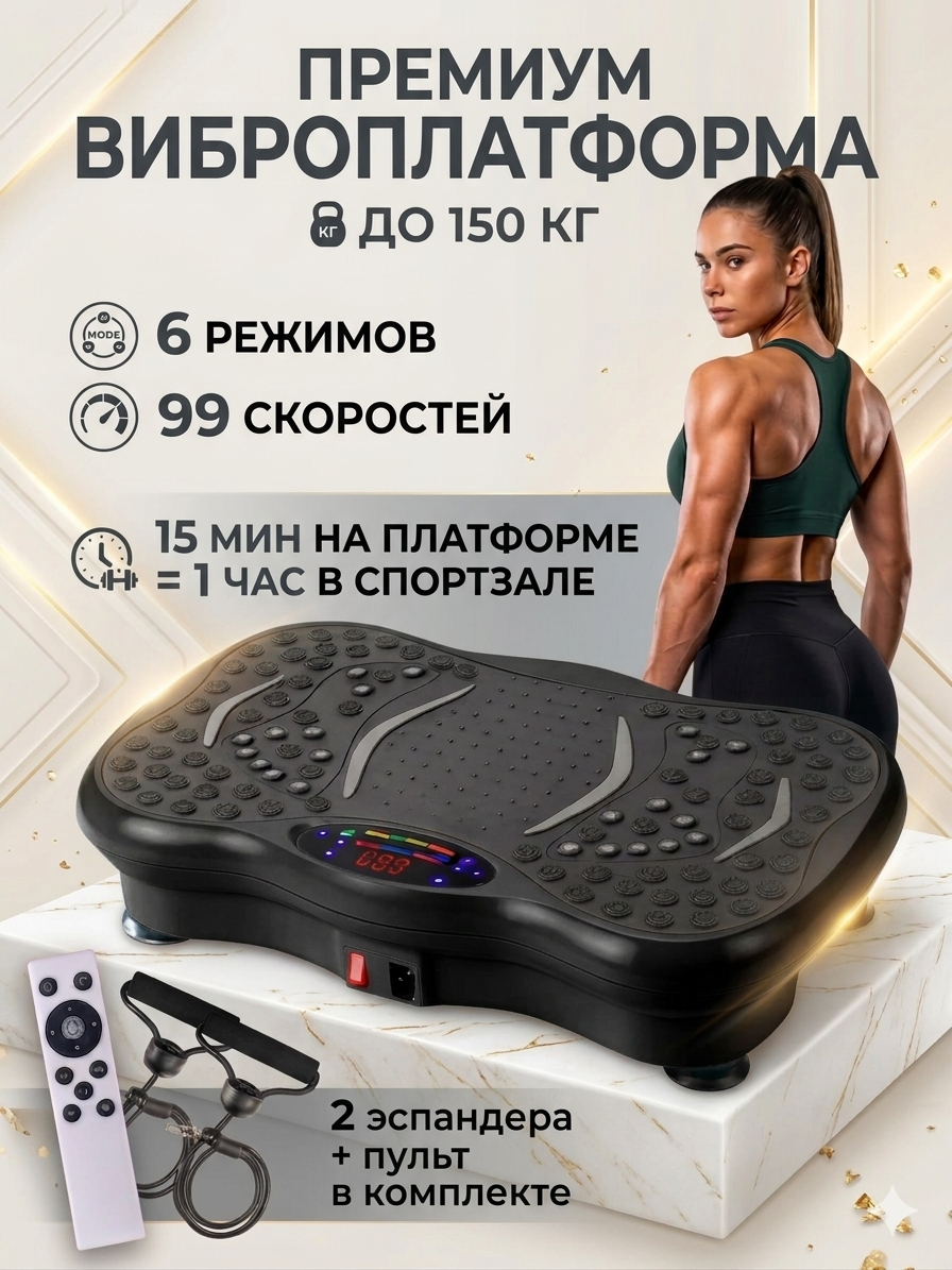 Виброплатформа для похудения, тренажёр для занятий дома, 99 скоростей, эспандеры 2 шт, черный с Bluetooth