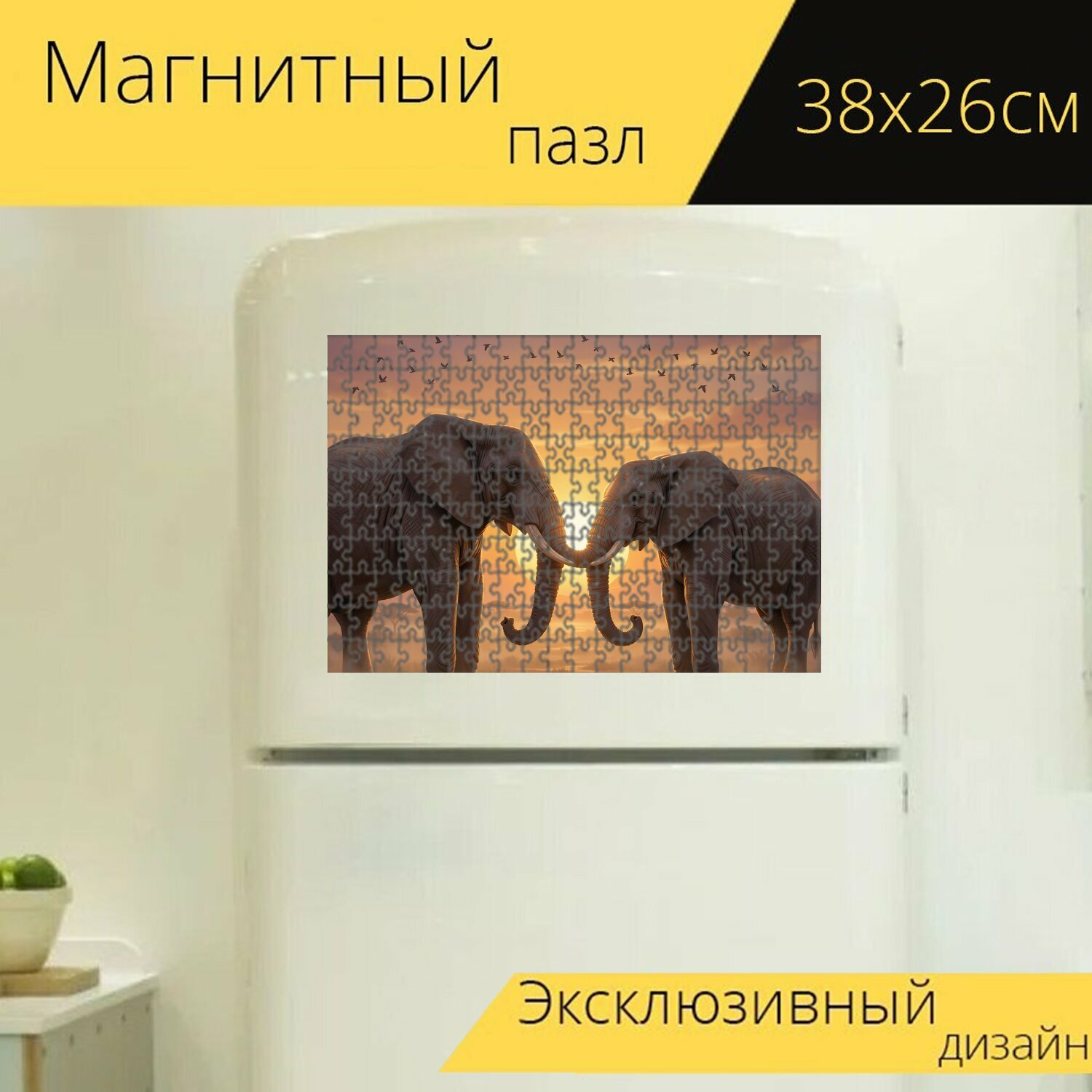 Магнитный пазл "Два слона на закате. Африканские исполины в саванне на фоне заходящего солнца, хоботы соприкасаются. Теплые оранжевые и золотистые оттенки." для интерьера, 38х26 см.