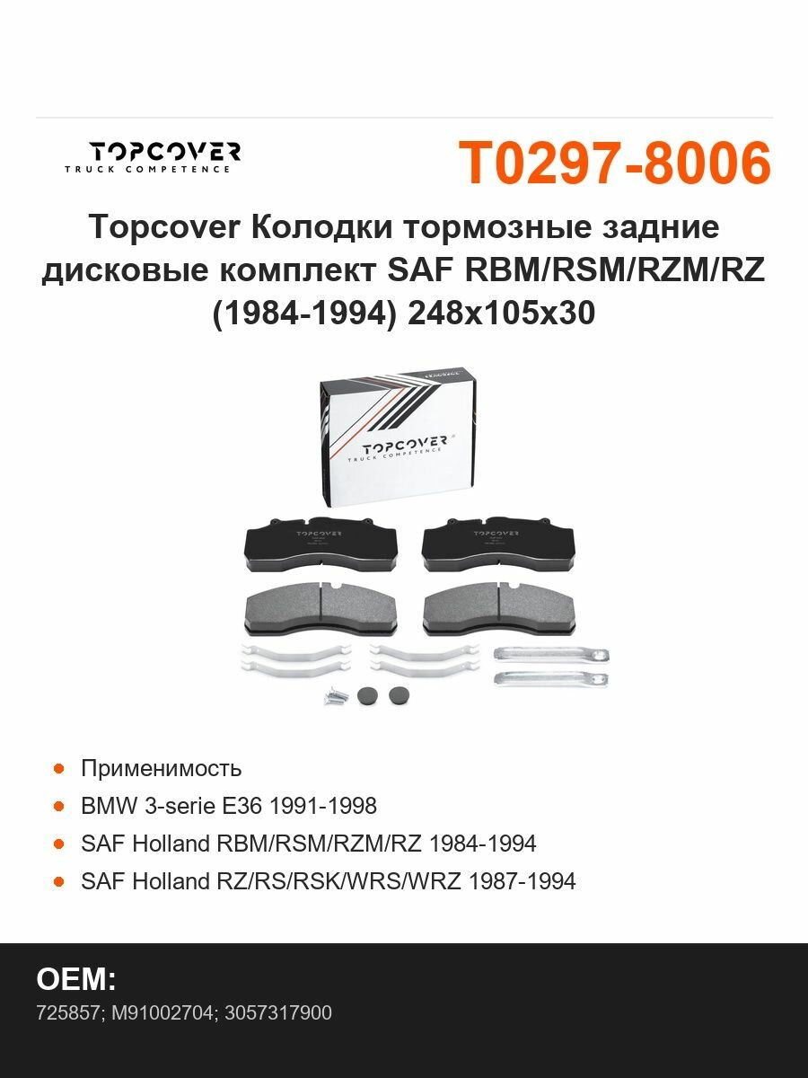 Topcover Колодки тормозные задние дисковые комплект SAF RBM/RSM/RZM/RZ (1984-1994) 248x105x30