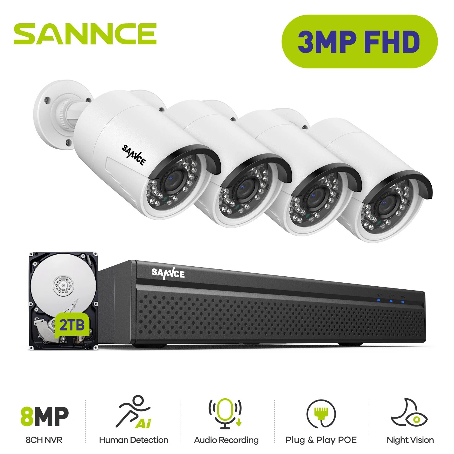 Система видеонаблюдения SANNCE 8CH 1080P с сетевым NVR POE, система безопасности CCTV, IP-камера 2,0 МП, наружная камера с ИК-обзором ночного видения, система видеонаблюдения