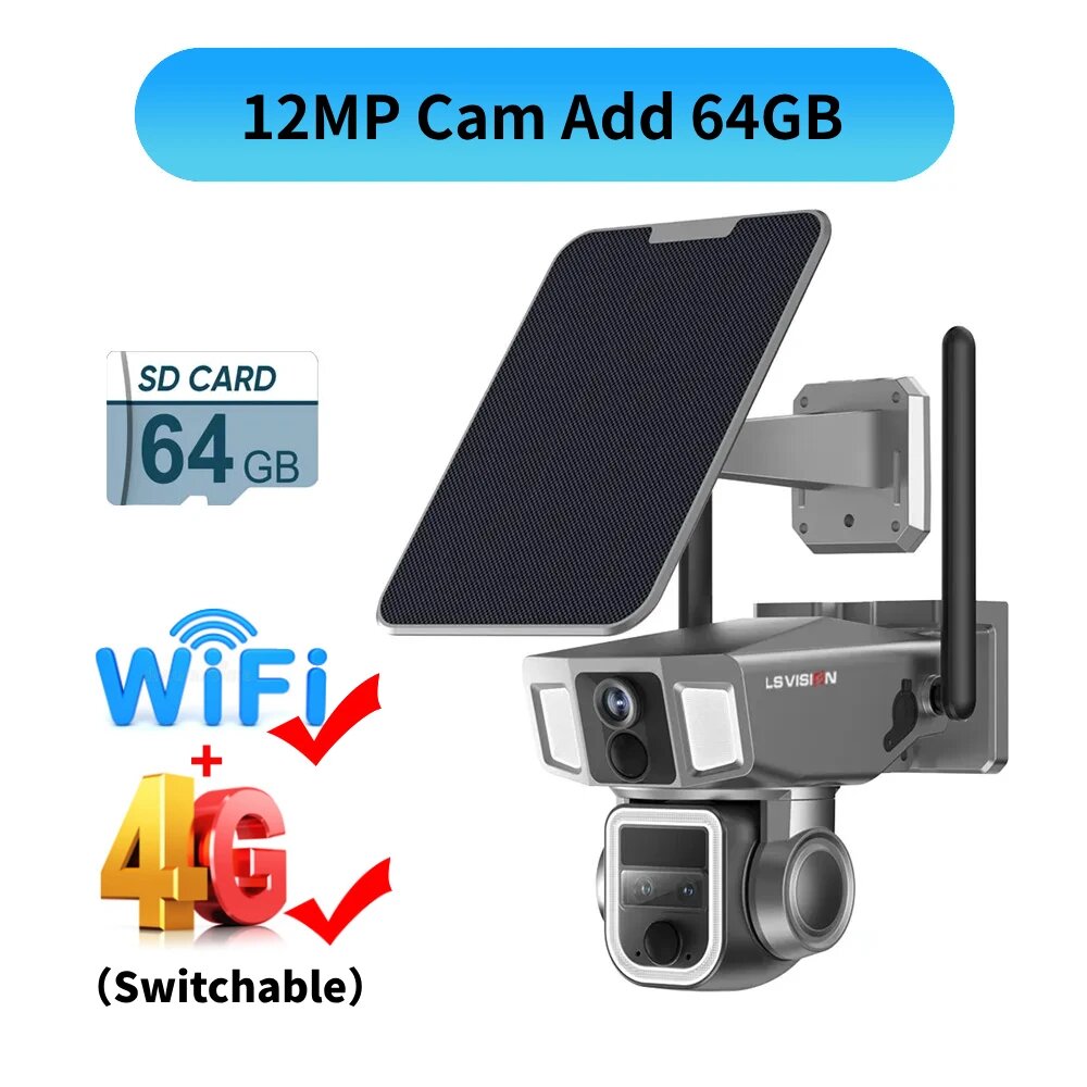 LS VISION 6K 4G SIM&WIFI Камера солнечная наружная с двойным экраном 12MP Мультилинзовая PTZ-камера 10X зум PIR-детекция CCTV-камера безопасности
