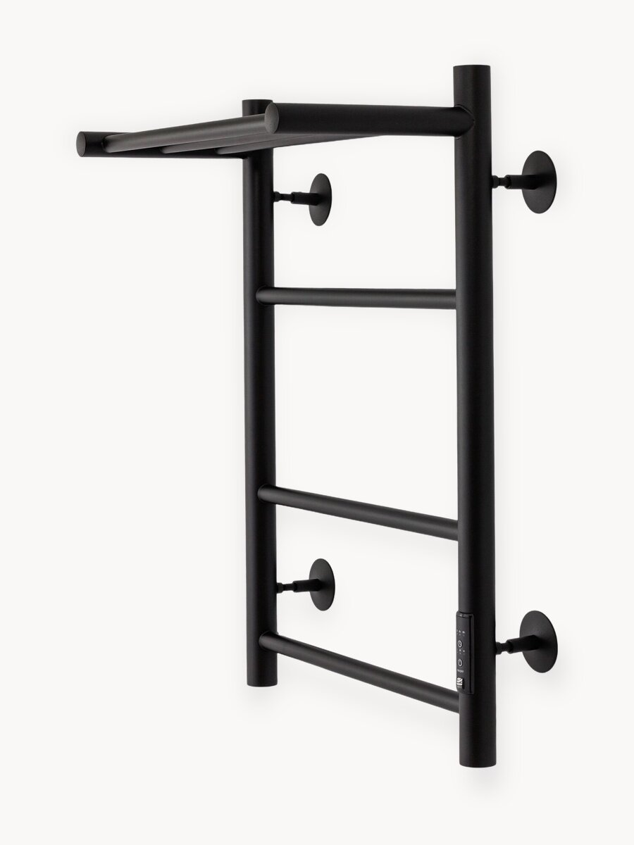 Полотенцесушитель электрический Energy ROUND MODUS 600x400 с полкой, черный матовый, с терморегулятором и таймером, габаритные размеры 600 мм х 460 мм