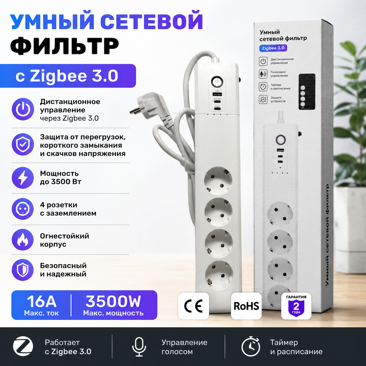 Умный удлинитель UseeLink Zigbee 3.0, 4 розетки 16A 3500Вт, 2×Type‑C 20Вт, USB, Home Assistant, Alexa, Google Assistant