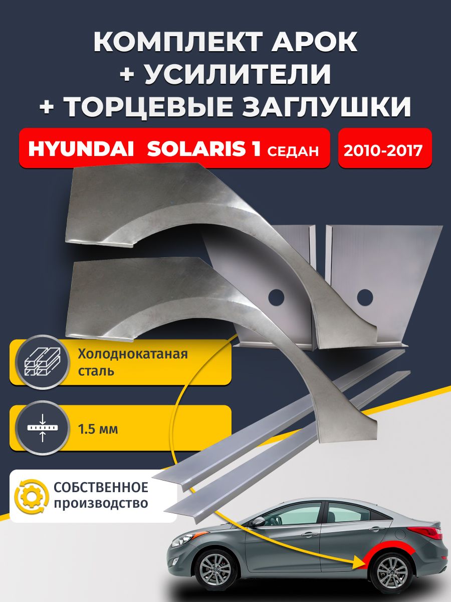 Комплект ремонтных задних арок (0,8 мм) + торцевые заглушки (1,5 мм) + усилители (1,5 мм) на Hyundai Solaris 1 2010-2017 седан (Хендай Солярис 1). Холоднокатаная сталь