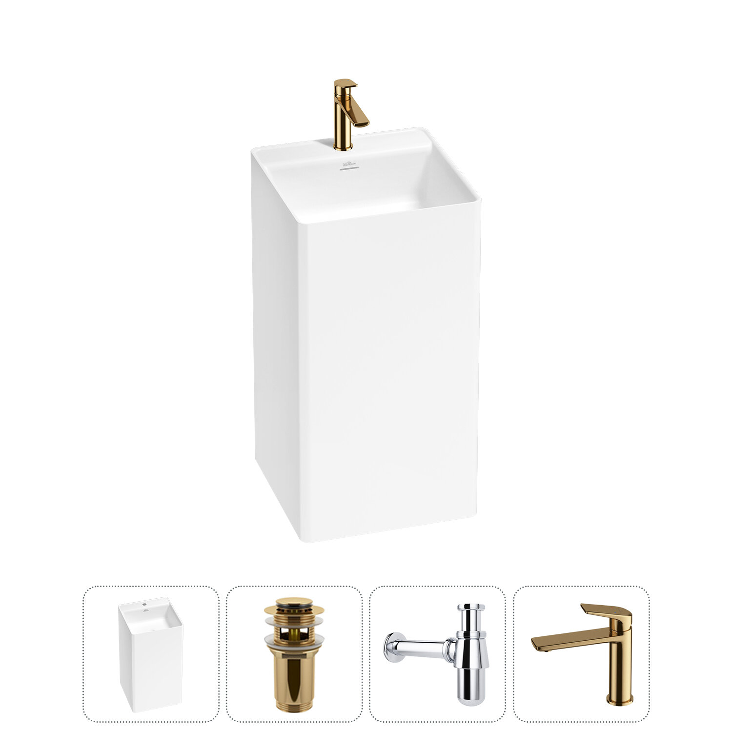 Квадратная напольная раковина для ванной Wellsee Pure BY Wellsee 20213276R в наборе 4 в 1: напольная отдельностоящая раковина моноблок в цвете матовый белый, донный клапан, сифон, смеситель (цвет золото)