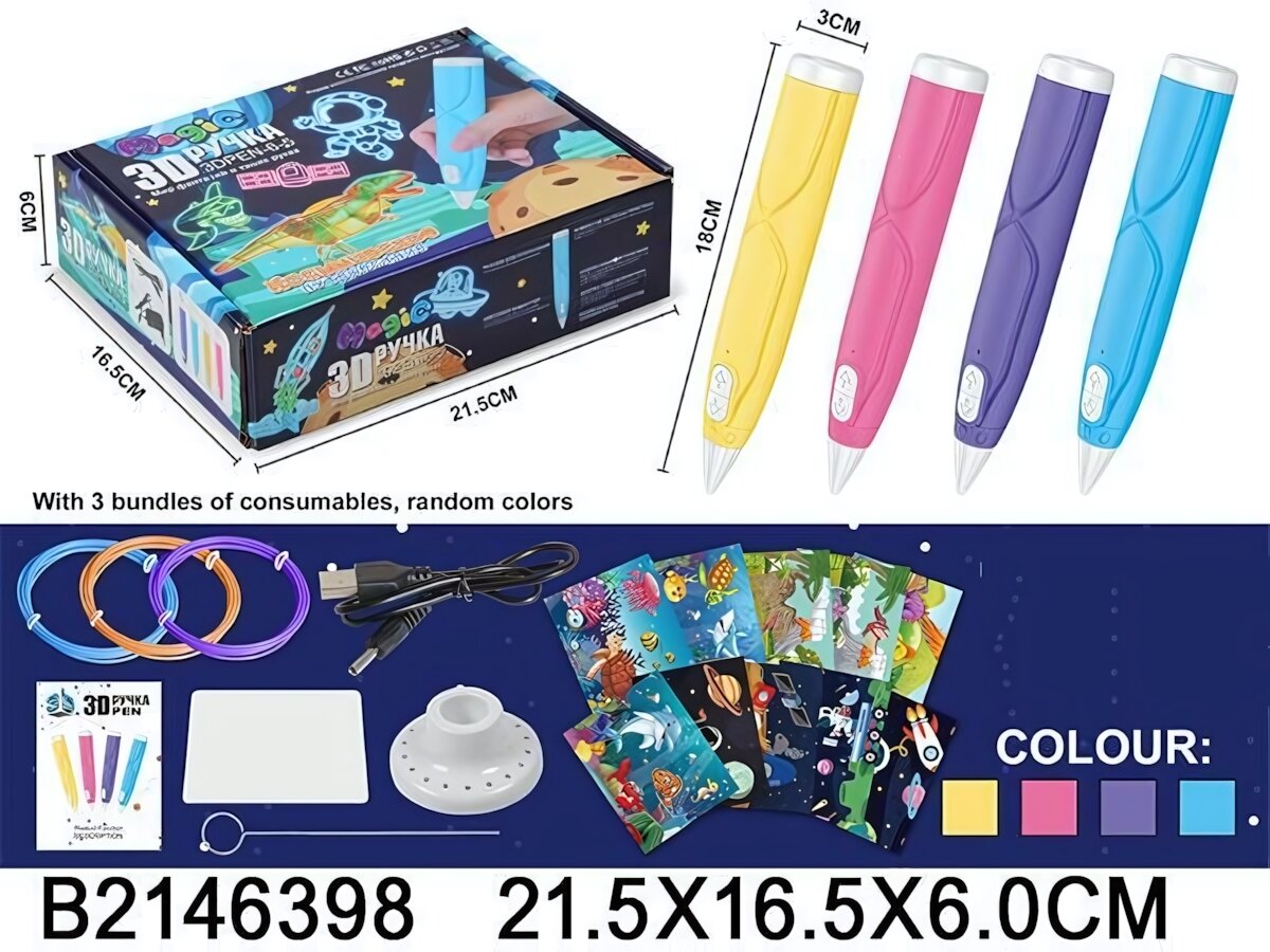 3D-ручка с аксессуарами, для творчества, 4 цвета, USB, 21,5х16,5х6 см
