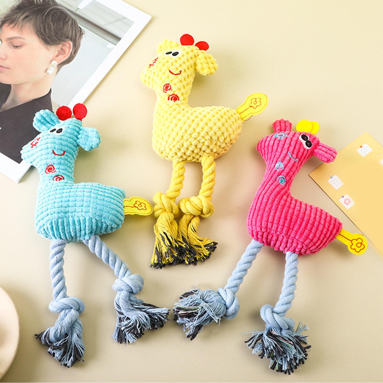 Плюшевая игрушка для жевания домашних животных, устойчивая к укусам, в форме оленя, скрипучая жевательная игрушка для кошек и собак с хлопковой веревкой синего цвета