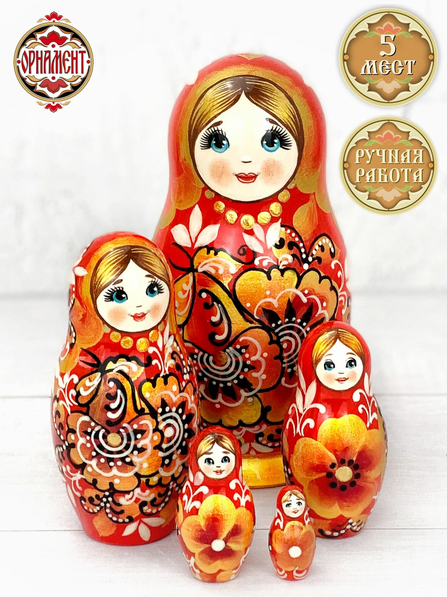 Матрешка деревянная детская развивающая игрушка Птица Счастья 5 мест 12 см Орнамент