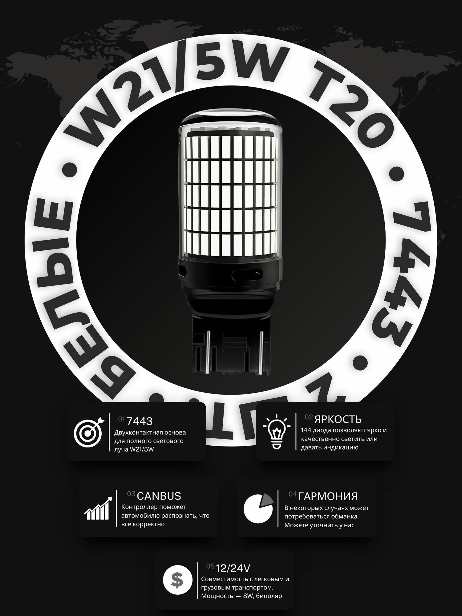 LED лампы W21/5W T20 белые для ходовых огней 2 шт.