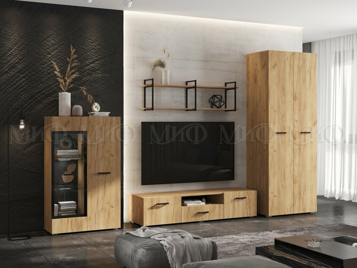 Стенка в гостиную "Нэнси" в новом стиле "LOFT" (Дуб Крафт), ЛДСП, Миф