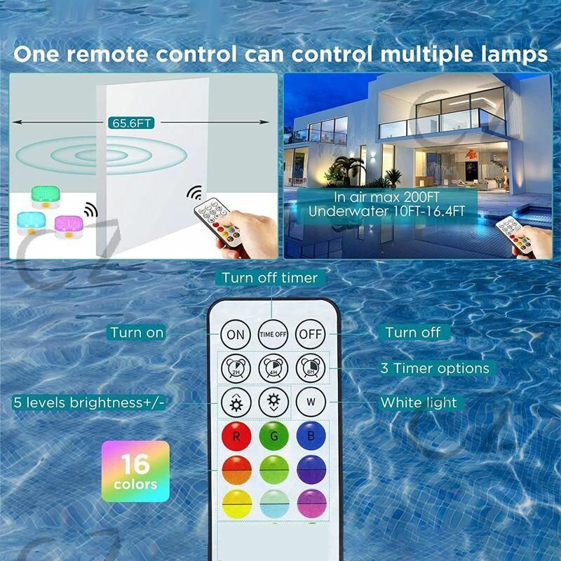 Подсветка для бассейна LED RGB IP68, 2 шт, пульт ДУ, магнитная зарядка — фото 1