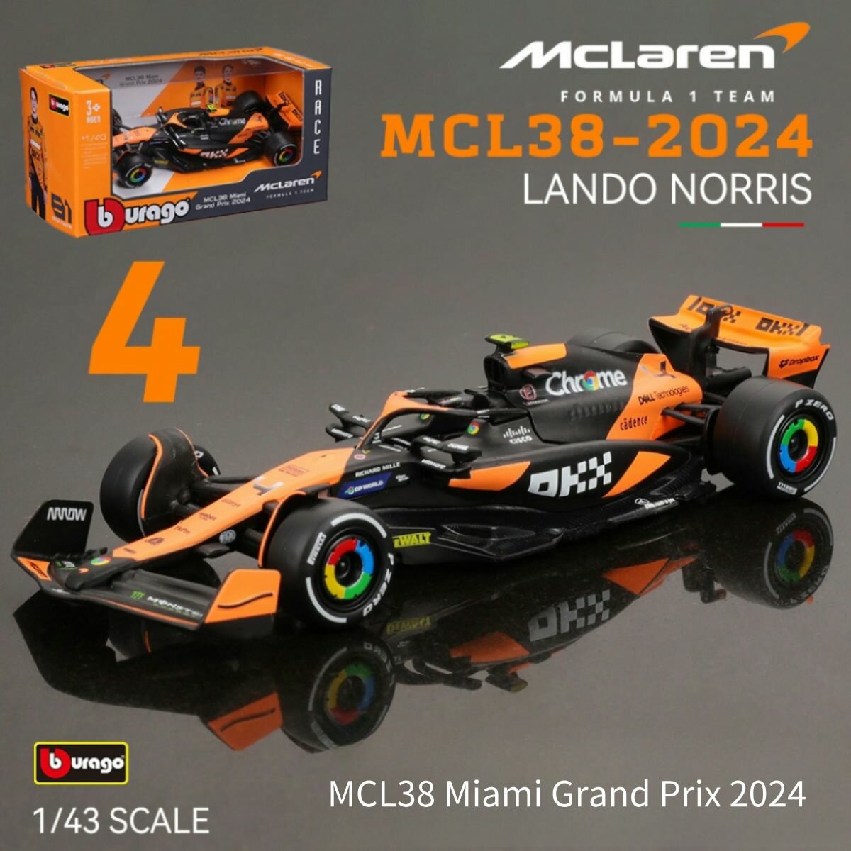 Гоночная модель F1, 1:43, MCL38 McLaren 4#2024，Гоночная модель