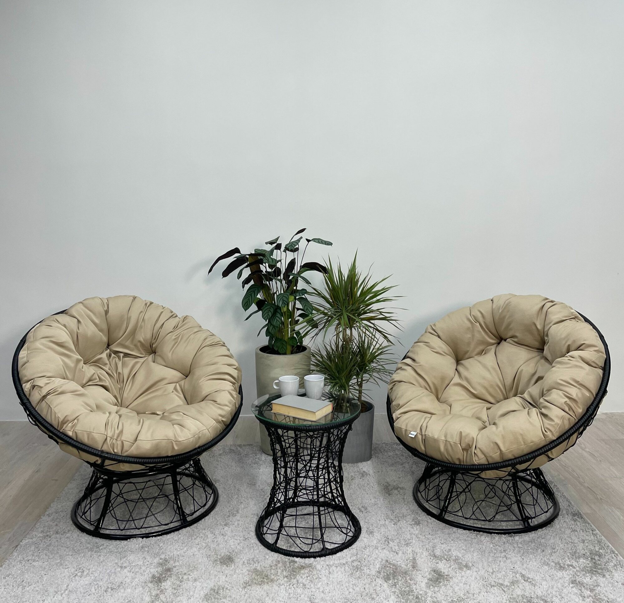 Набор садовый папасан плюс черный 2 кресла, столик, 2 подушки (бежевый, полиэстер)