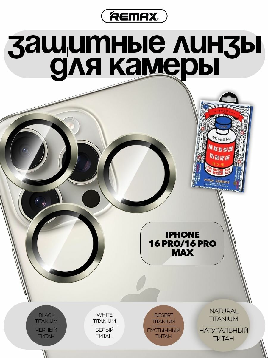 Линзы для камеры iPhone 16 Pro / 16 Pro Max (для цвета натуральный титан/natural titanium), REMAX GL-27, серые линзы
