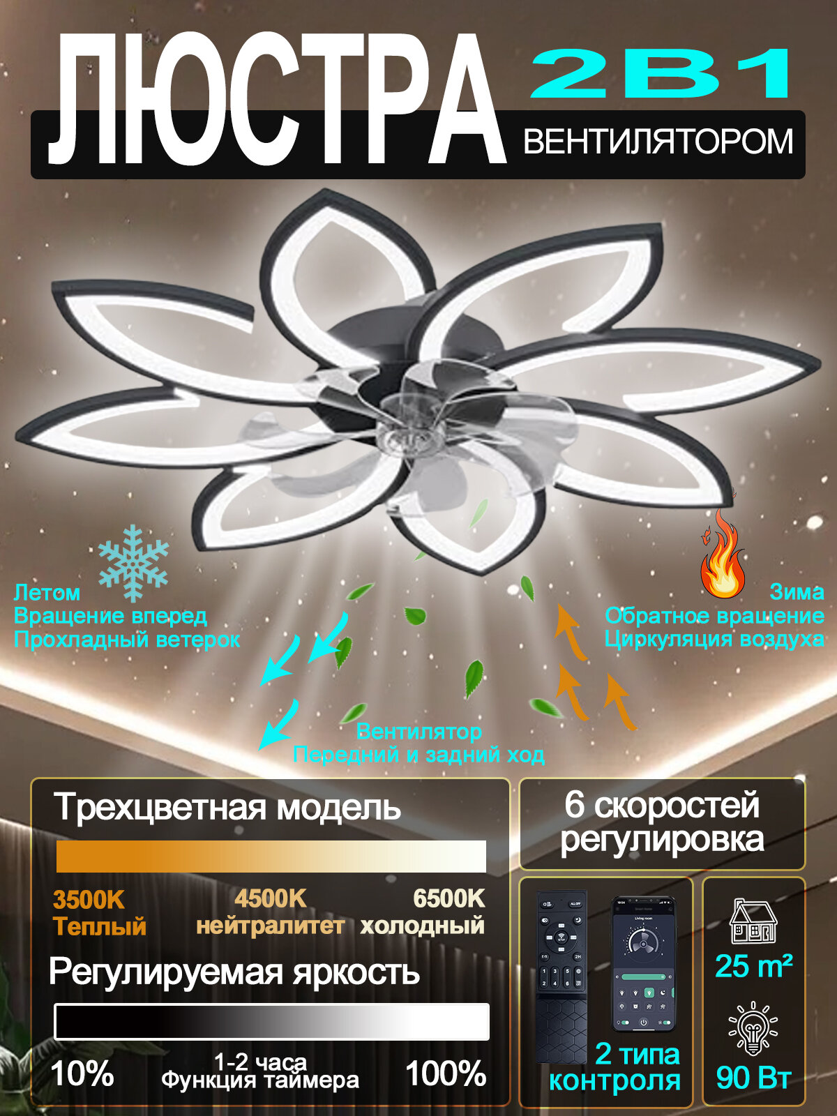 Люстра-вентилятор+90 Вт+6-ступенчатая скорость ветра+3-цветная регулировка яркости+может управляться дистанционно