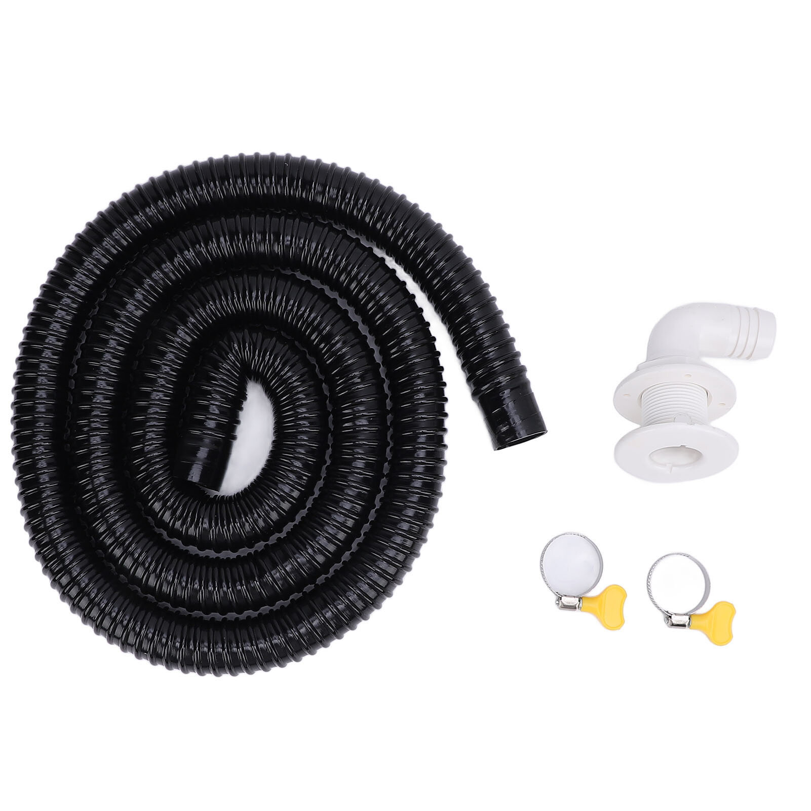 Комплект для установки трюмной системы на лодку. Эффективная морская дренажная система с гибкими утолщенными трубными хомутами и угловым соединителем для насоса производительностью 1100 галлонов в час. Белый цвет.