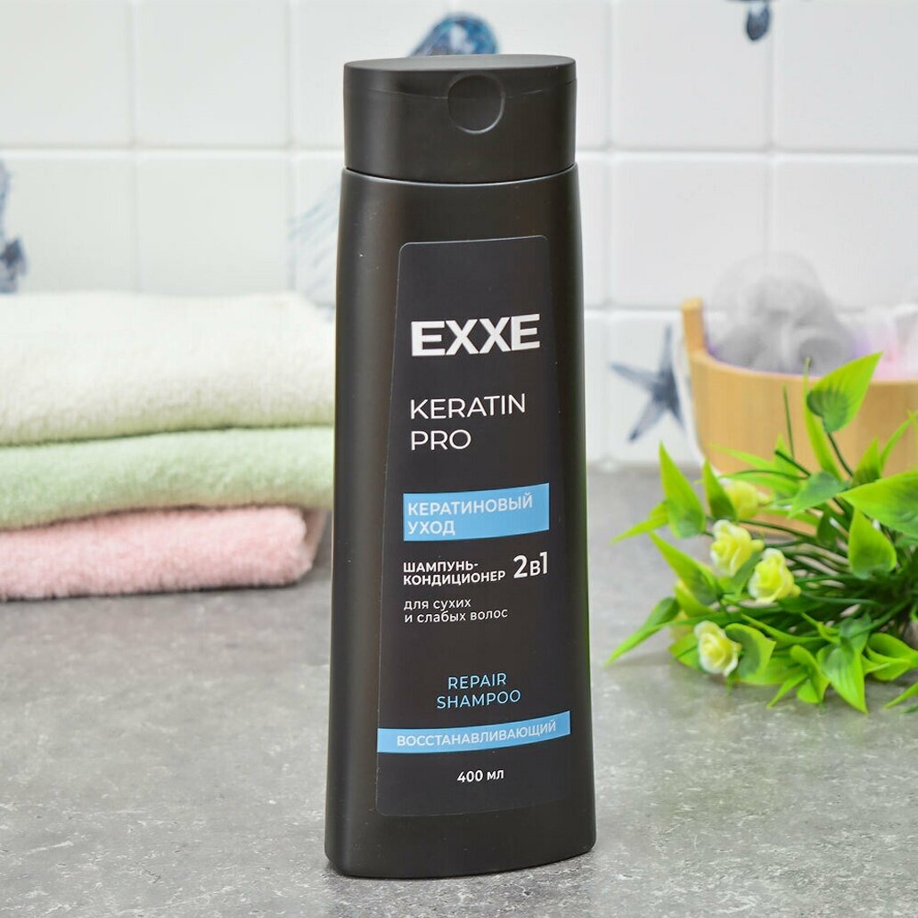 Шампунь-кондиционер 2в1 «Keratin Pro» для сухих волос, восстановление, 400мл, черный флакон