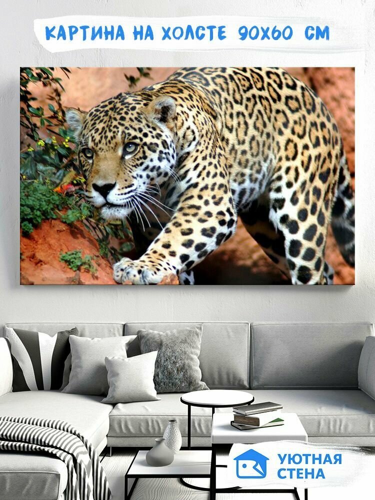 Картина на натуральном холсте Уютная стена "Взгляд ягуара" 90х60 см