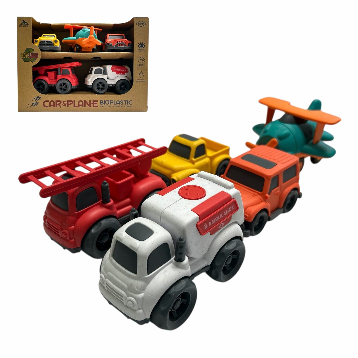 Набор из 5 транспортных средств - Винтовой самолёт, 2 легковых автомобиля, Пожарная машина с автолестницей, Скорая помощь, эко-пластик, MX0416356