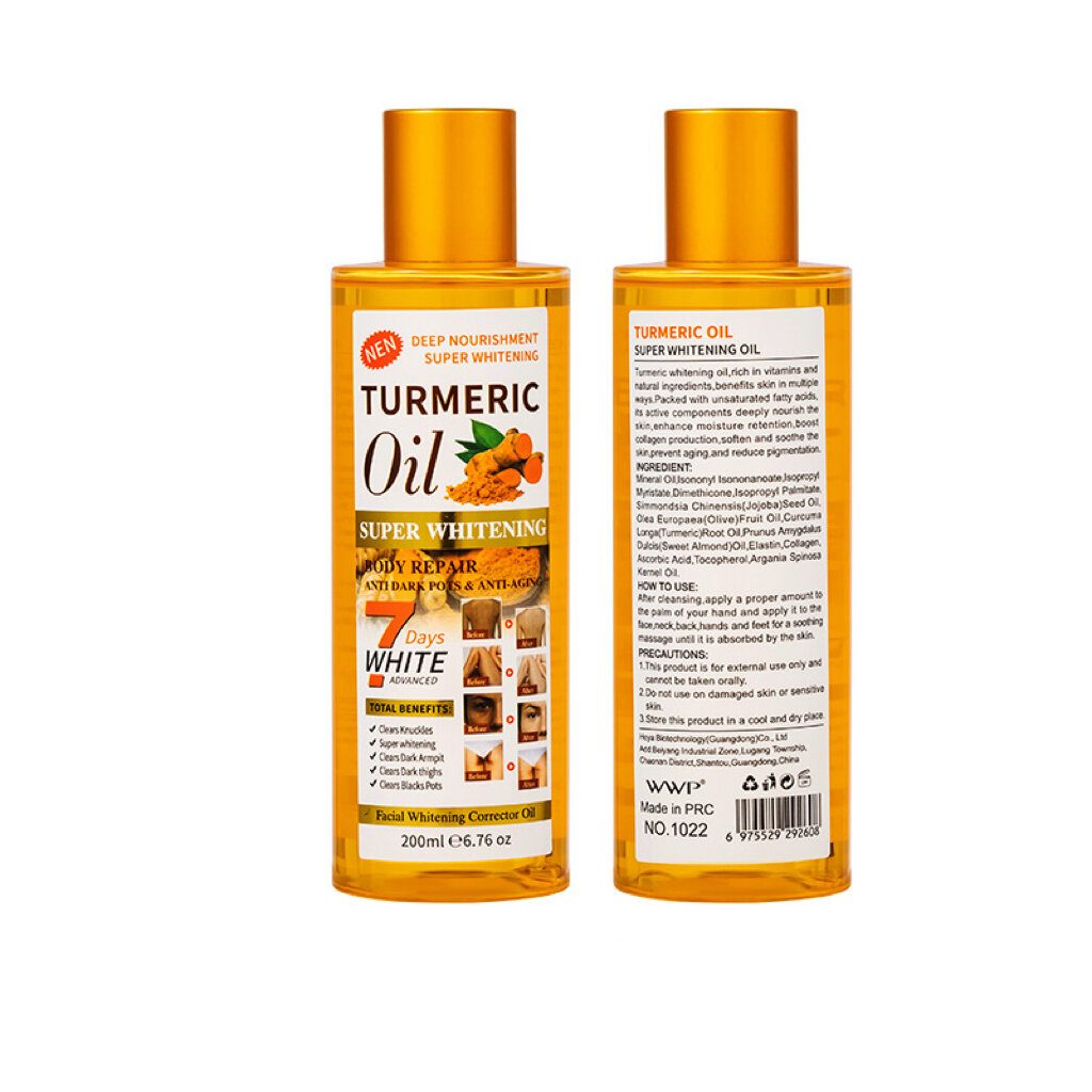 Туmeric Whitening and Brightening Essential Oil, Body Massage Scraping Oil 200ml (1 piece), для всего тела, для шеи, губ, подмышечных впадин, коленей и локтей, улучшает пигментацию, увлажняет, 7 дней результатов, 15.8*4.9 см