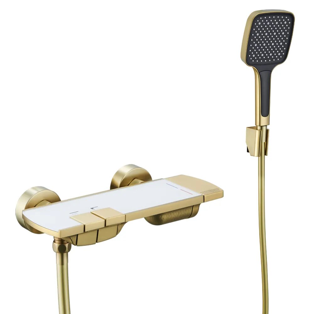 Нажимная кнопка смеситель для ванны с душевой лейкой и водопад изливом SIKAIQI SQ-8002G, Золото, латунь