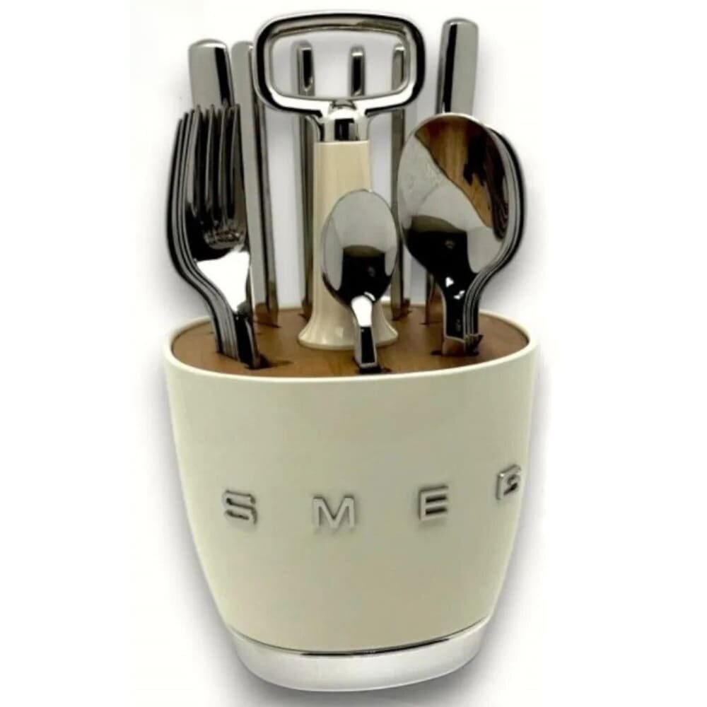 Набор столовых приборов SMEG, 24 предмета, бежевый, с подставкой